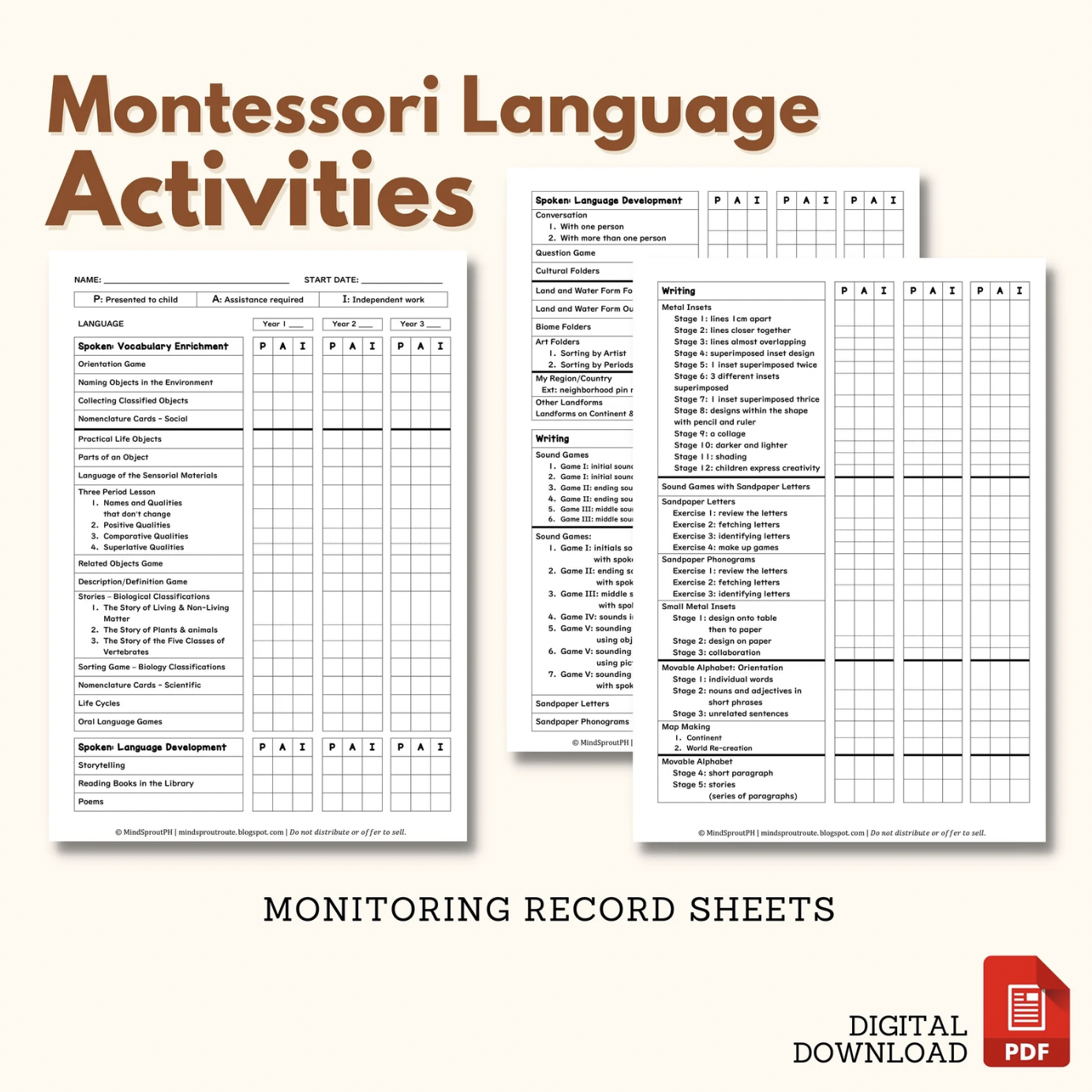 Montessori Language Activities Monitoring Tool for Ages 3-6