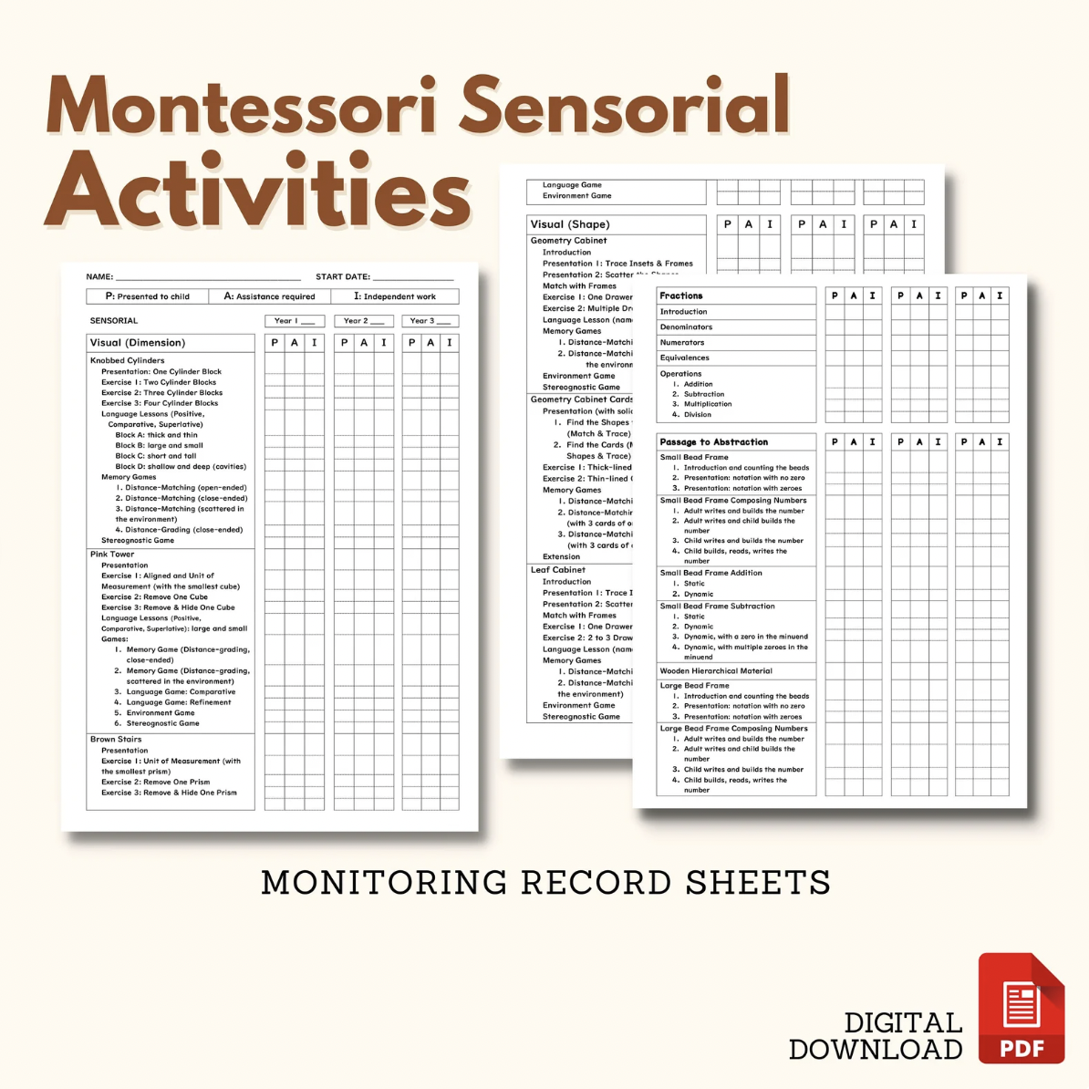 Montessori Sensorial Activities Monitoring Tool for Ages 3-6