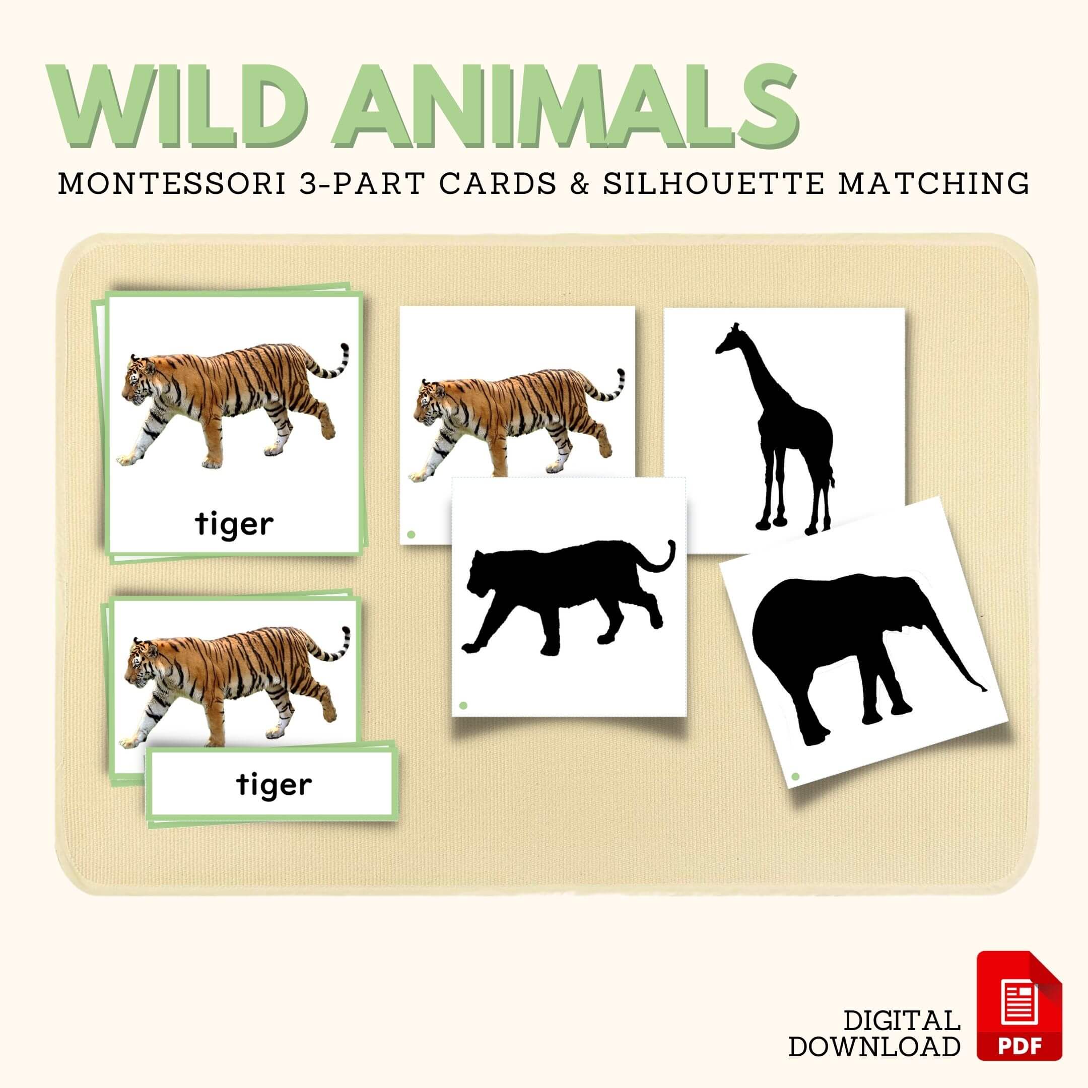 Wild Animals 3-Part Cards & Silhouette Matching